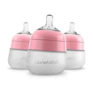 nanobébé flexy silicone baby bottle, anti-colic, natural feel, non-collapsing nipple, non-tip stable base, easy to clean 3-pack, pink, 5 oz