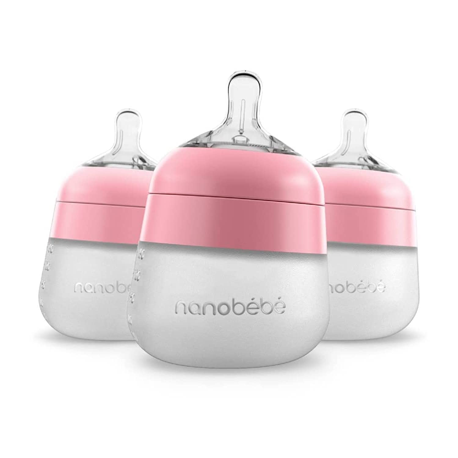 Nanobébé Flexy Silicone Baby Bottle, Anti-Colic, Natural Feel, Non-Collapsing Nipple, Non-Tip Stable Base, Easy to Clean 3-Pack, Pink, 5 oz