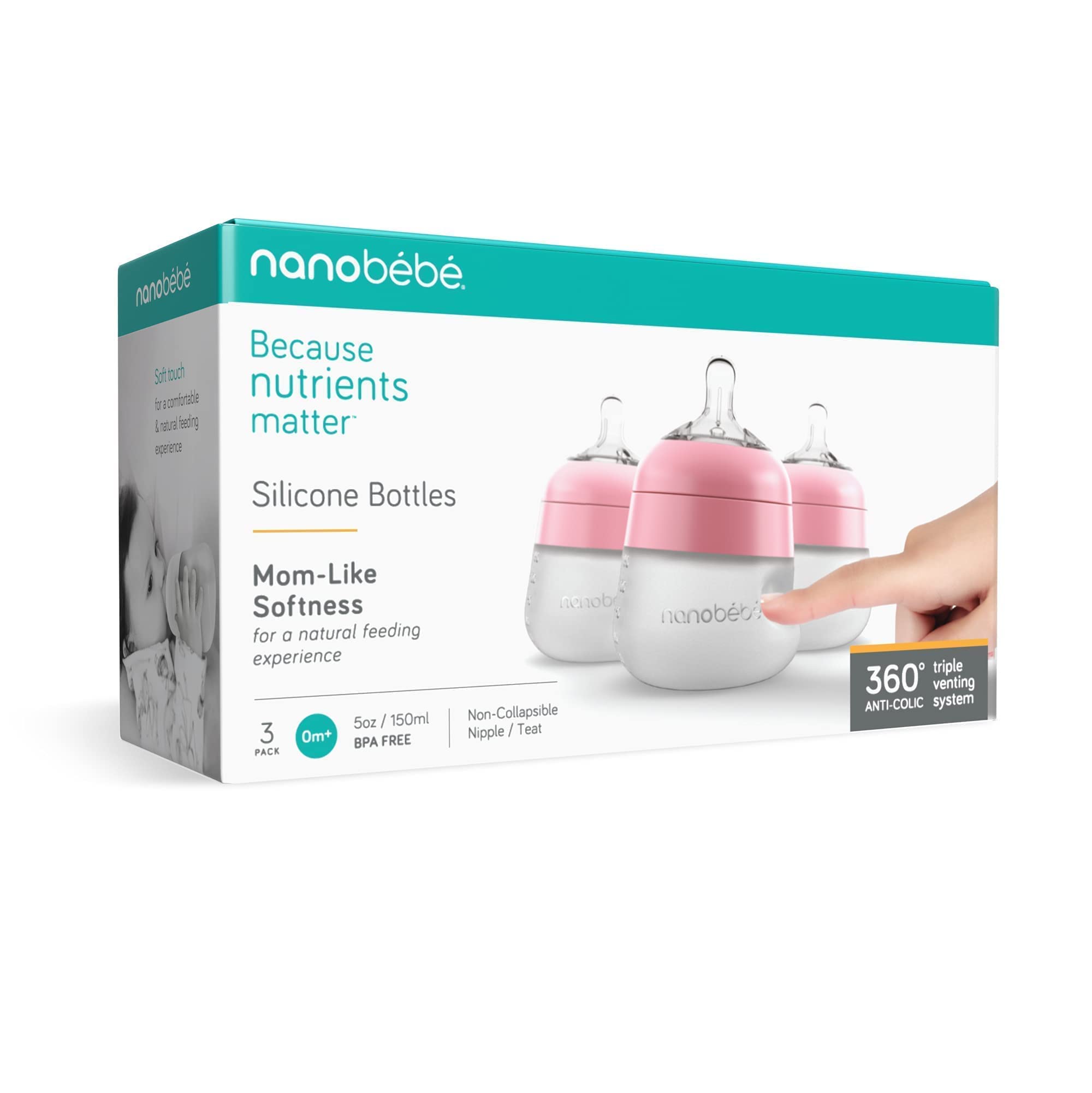 Nanobébé Flexy Silicone Baby Bottle, Anti-Colic, Natural Feel, Non-Collapsing Nipple, Non-Tip Stable Base, Easy to Clean 3-Pack, Pink, 5 oz