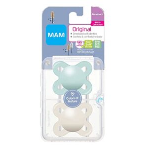 MAM Original Start Matte Newborn Baby Pacifier, Best Pacifier for Breastfed Babies, Sterilizer Case, Unisex, 0-3 Months (Pack of 2)