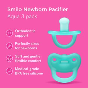 Smilo Newborn Baby Pacifier - 3 Pack of Orthodontic Pacifiers for Babies from 0-2 Months - Expands to Support The Palate During Soothing - BPA-Free - Aqua