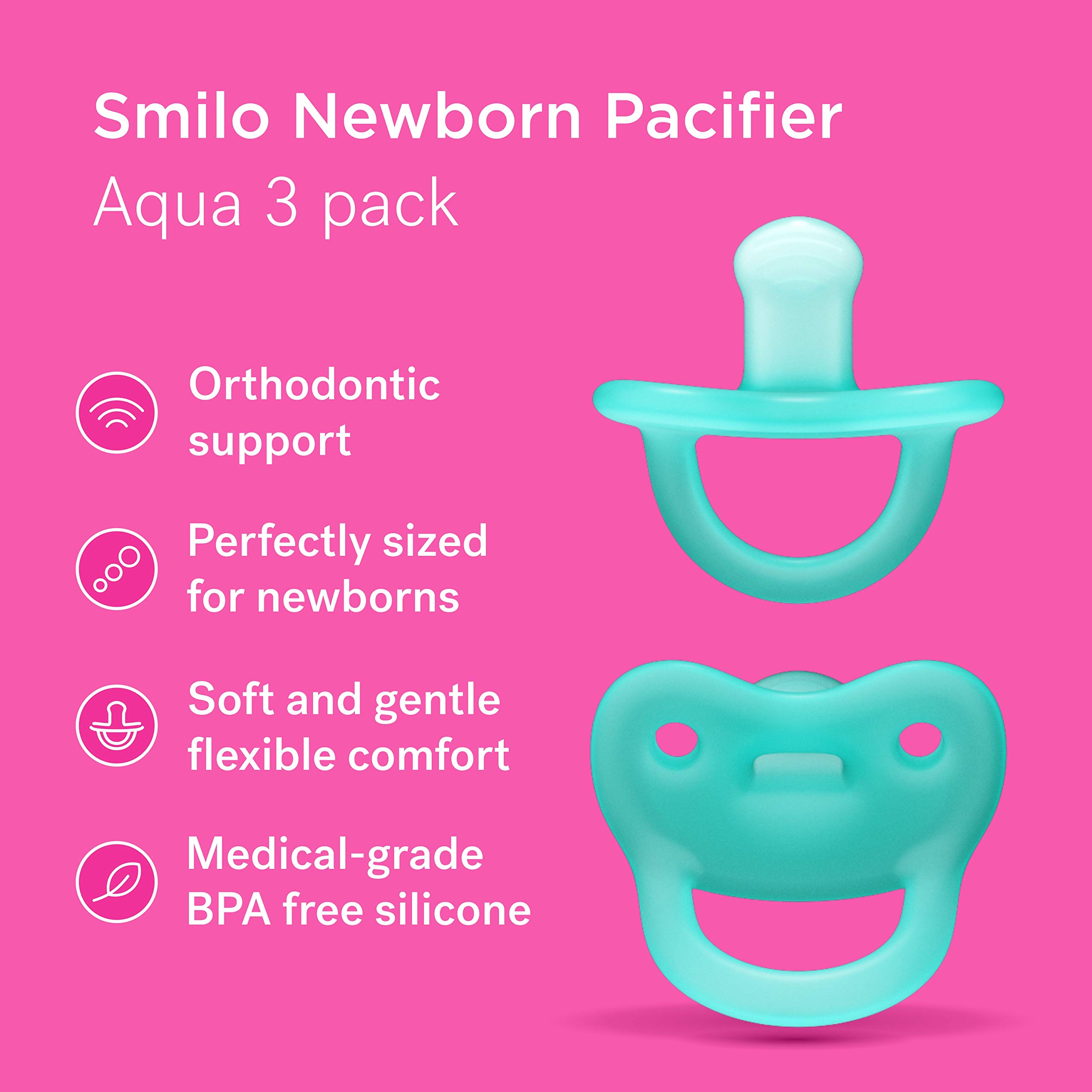 Smilo Newborn Baby Pacifier - 3 Pack of Orthodontic Pacifiers for Babies from 0-2 Months - Expands to Support The Palate During Soothing - BPA-Free - Aqua