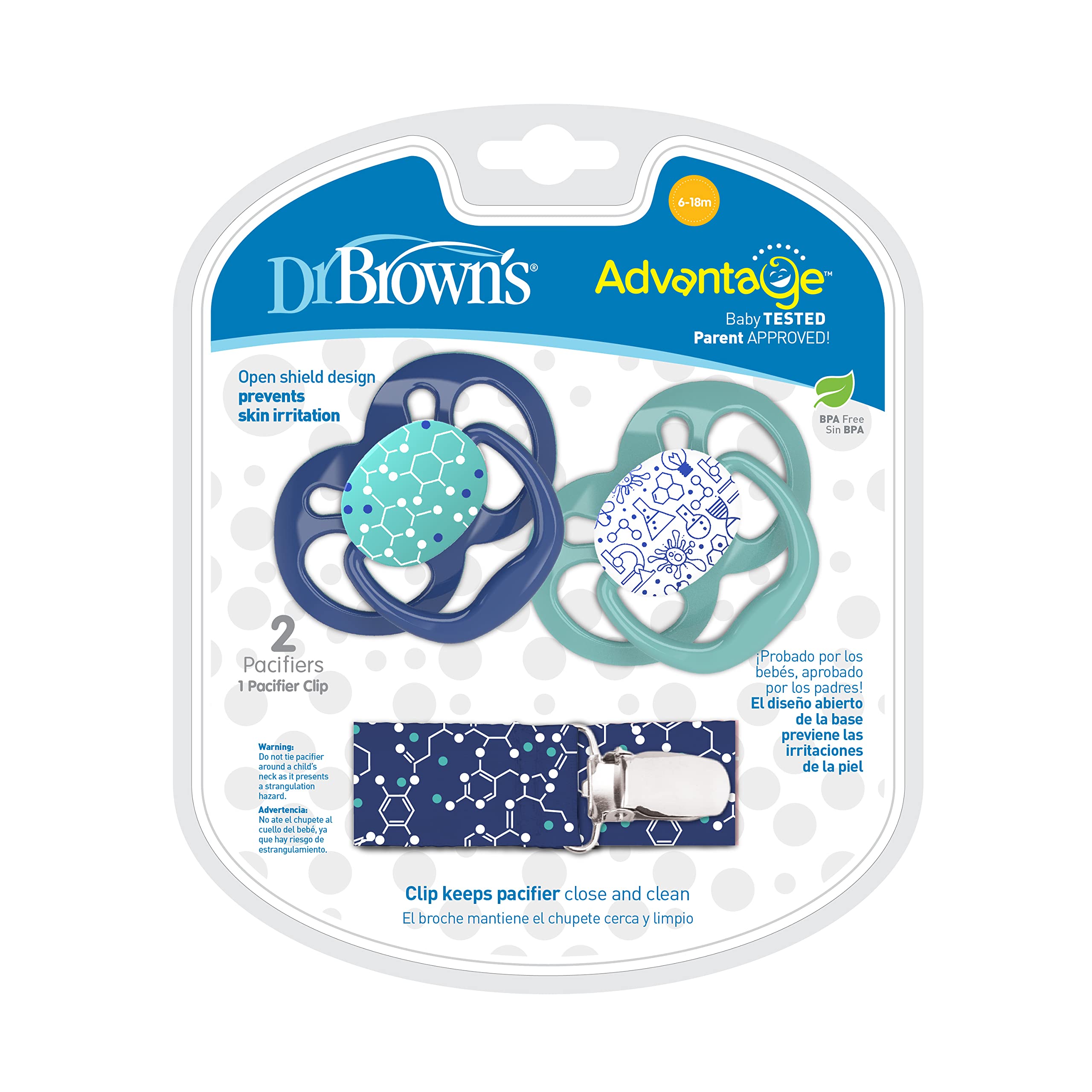 Dr. Brown's Advantage 100% Silicone Baby Paci Symmetrical Soother, 6-18m, BPA free, Blue, 2 Pack + Clip