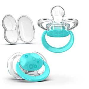 smilo baby pacifier - 2 pack of slimline pacifiers for babies with sterilization box - stage 3 for babies 9+ months - 100% silicone newborn pacifiers bpa free - aqua blue