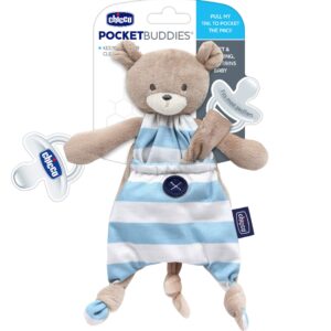 Chicco Pocket Buddy Lovey and Pacifier Holder | Plush, Soothing Animal-Themed Toy | Fits Most Pacifiers | Machine-Washable | Blue Bear| 0+ months