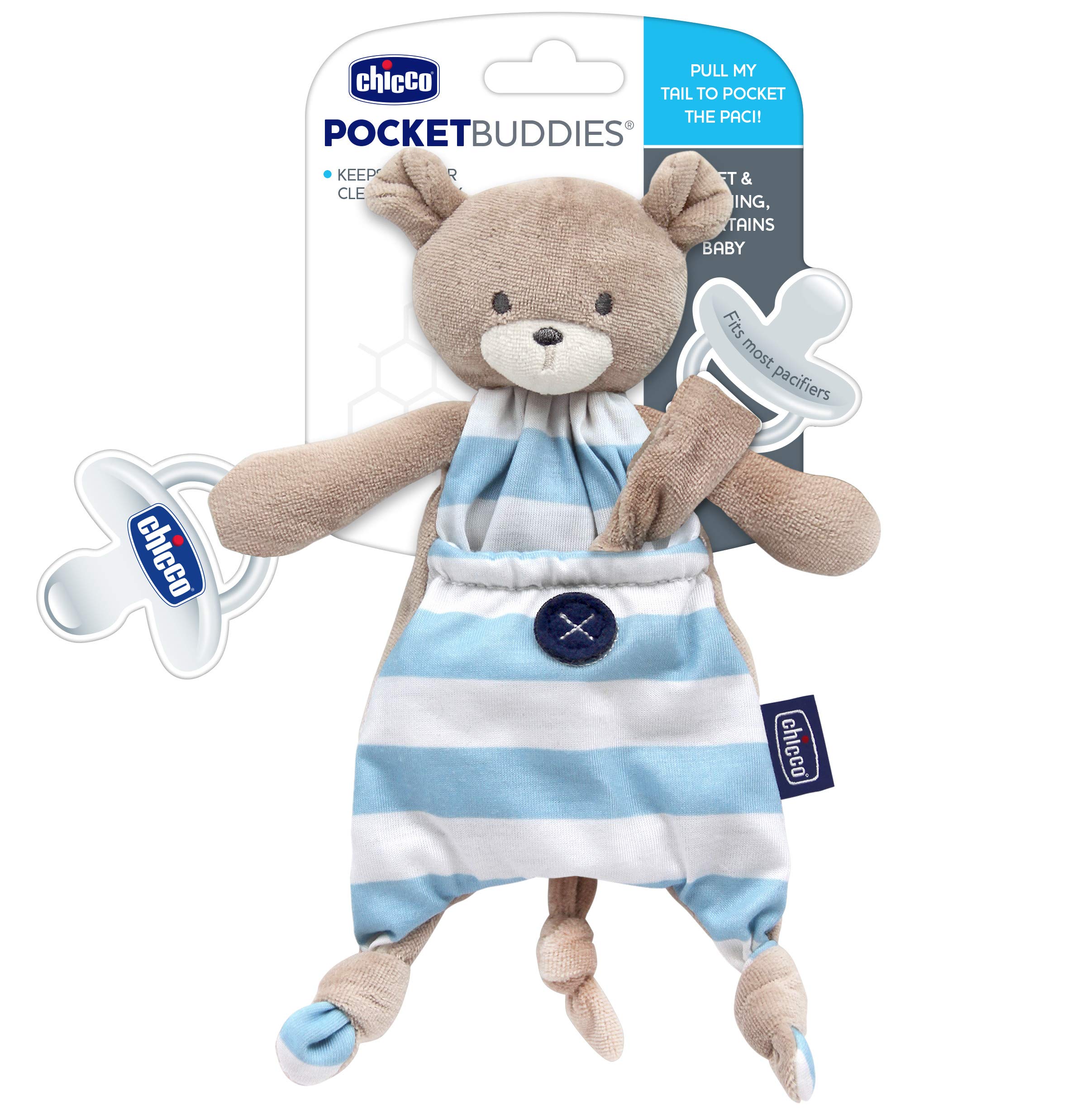 Chicco Pocket Buddy Lovey and Pacifier Holder | Plush, Soothing Animal-Themed Toy | Fits Most Pacifiers | Machine-Washable | Blue Bear| 0+ months