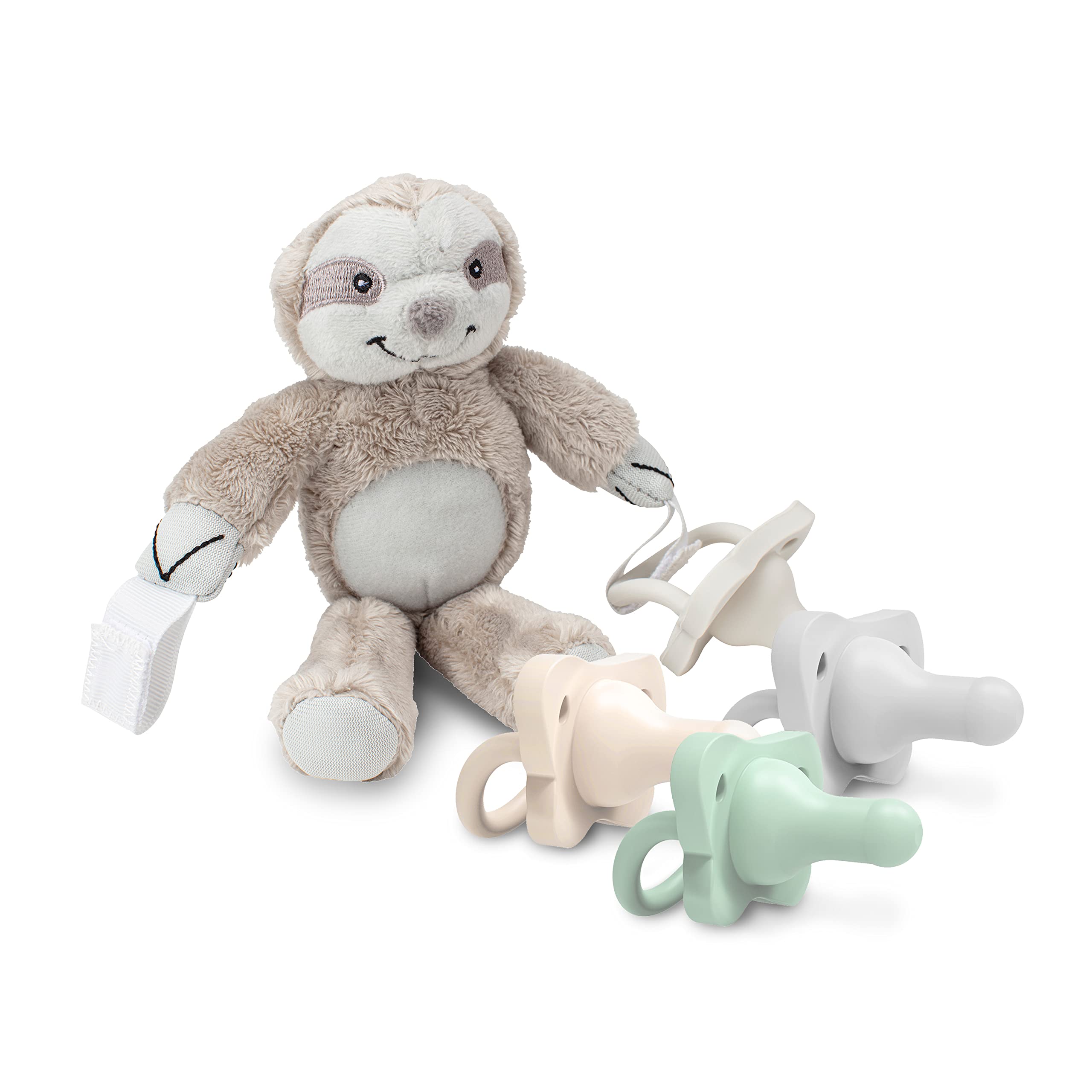 Dr. Brown’s HappyPaci 100% Silicone Baby Pacifier 0-6m, BPA Free 4-Pack with Lovey Soft Plush Animal Teether Holder, Sloth