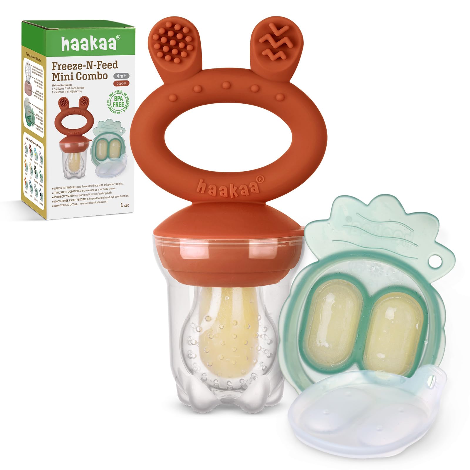 Haakaa Baby Fruit Food Feeder & Mini Freezer Nibble Tray Combo, Breastmilk Popsicle Molds for Baby Cooling Relief, BPA Free Silicone Feeder for Safe Infant Self Feeding, 4 Month+ (Copper)