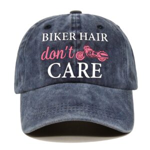 pishovi biker hair don't care distressed washed blue baseball cap, vintage adjustable cotton cap, retirement gift for women, biker cap for mom bfff, birthday for motorcycle enthusiast