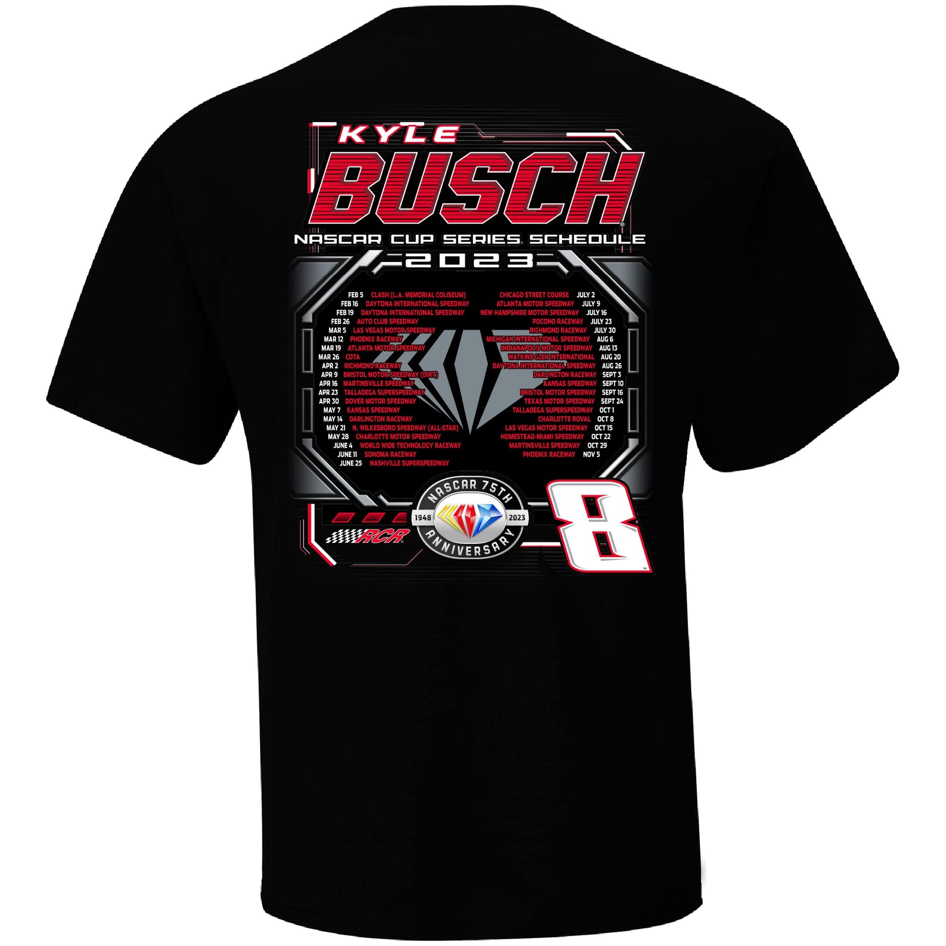 NASCAR Kyle Busch 2023 Schedule T-Shirt - Automotive Racing Apparel Cup Series T-Shirt Medium