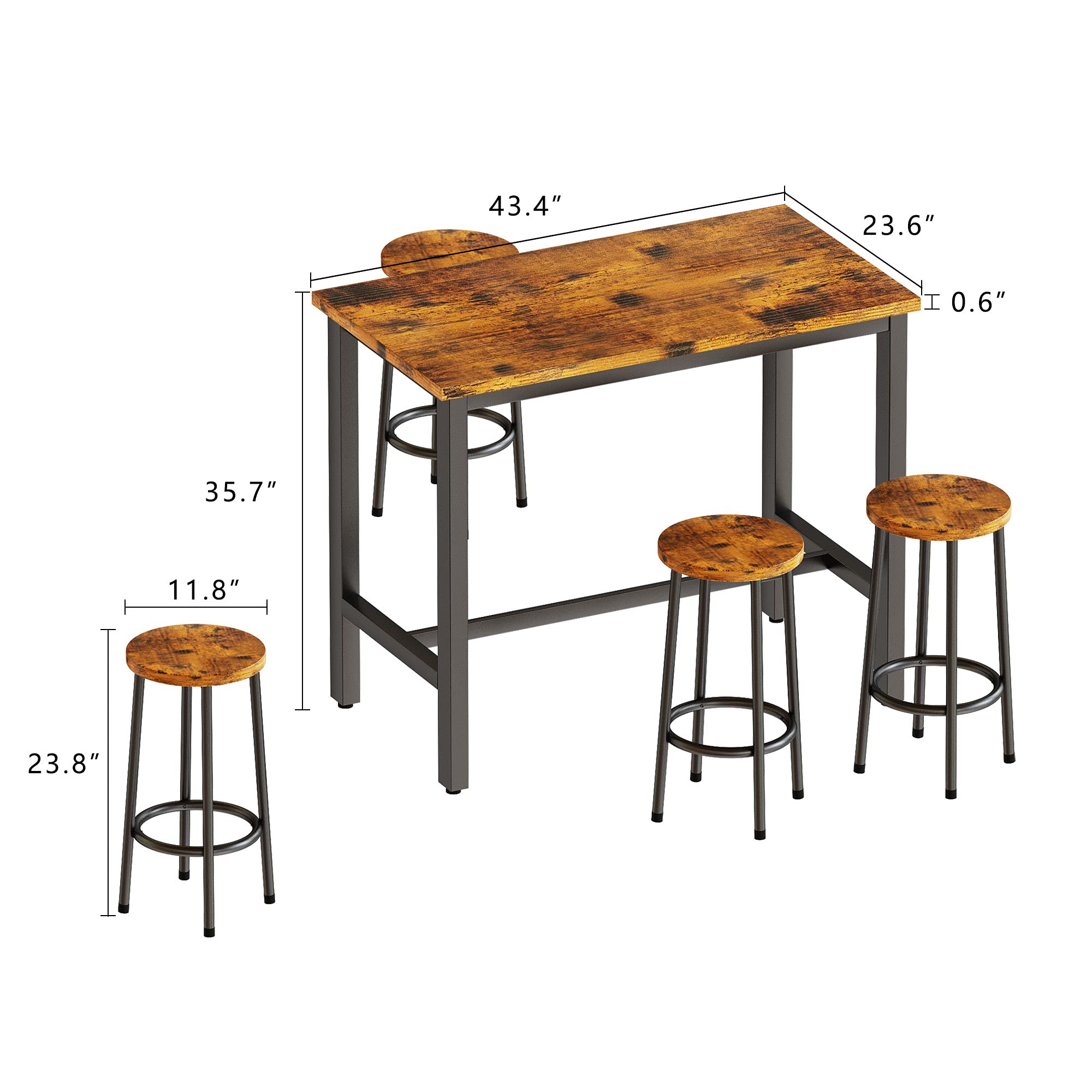 AWQM Dining Table Set for 4 Bar Table with Stools Industrial Counter Height Pub Table with 4 Chairs Bar Table and Chairs Set Kitchen Breakfast Table for Kitchen, Living Room, Industrial Brown