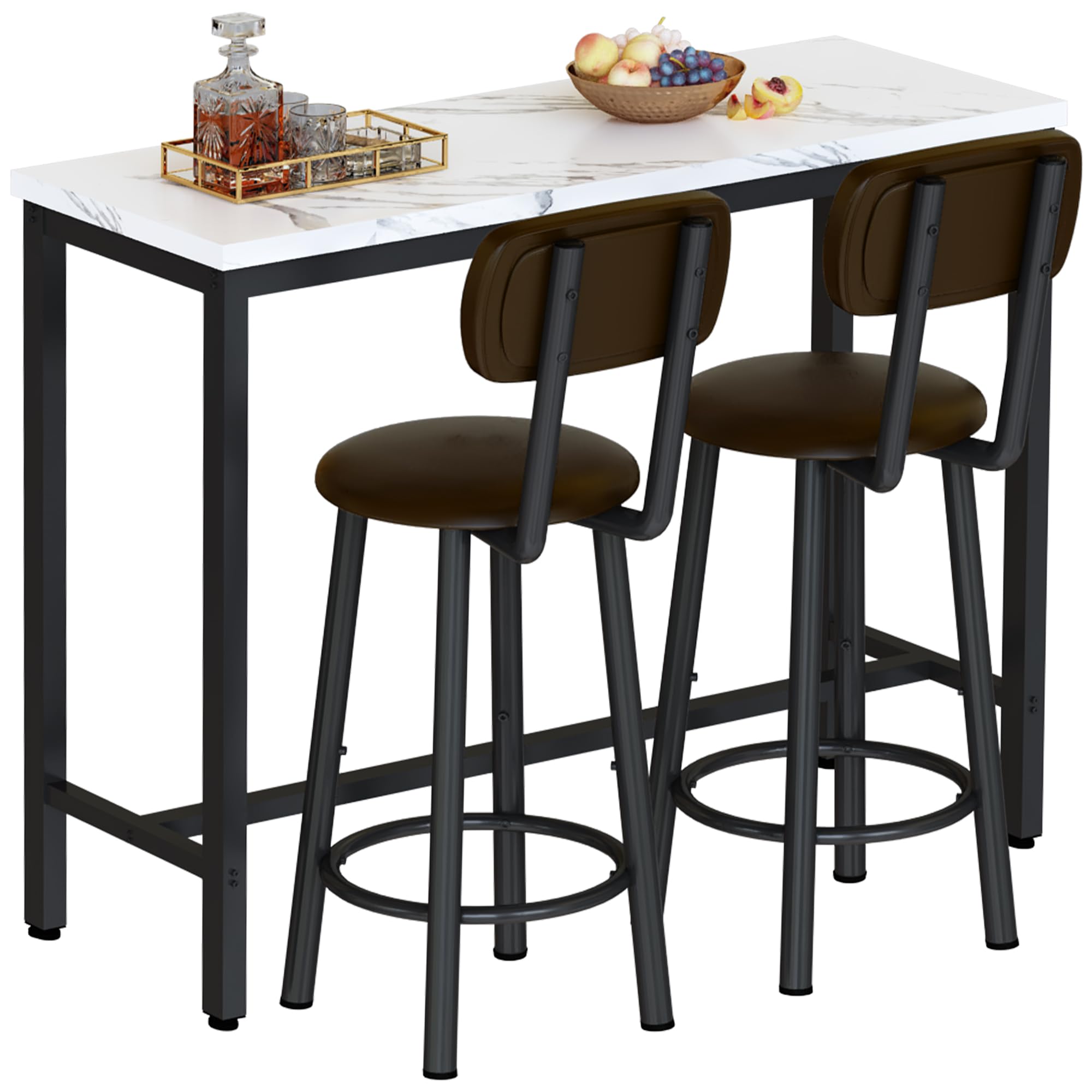 AWQM Bar Table Set of 2,39.3" Faux Marble Table Top & 2 PU Upholstered Stools with Backrest,3 Piece Industrial Pub Height Table Set,for Living Room,Kitchen,Bar,White & Black & Brown