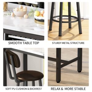 AWQM Bar Table Set of 2,39.3" Faux Marble Table Top & 2 PU Upholstered Stools with Backrest,3 Piece Industrial Pub Height Table Set,for Living Room,Kitchen,Bar,White & Black & Brown