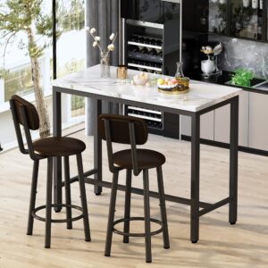 AWQM Bar Table Set of 2,39.3" Faux Marble Table Top & 2 PU Upholstered Stools with Backrest,3 Piece Industrial Pub Height Table Set,for Living Room,Kitchen,Bar,White & Black & Brown