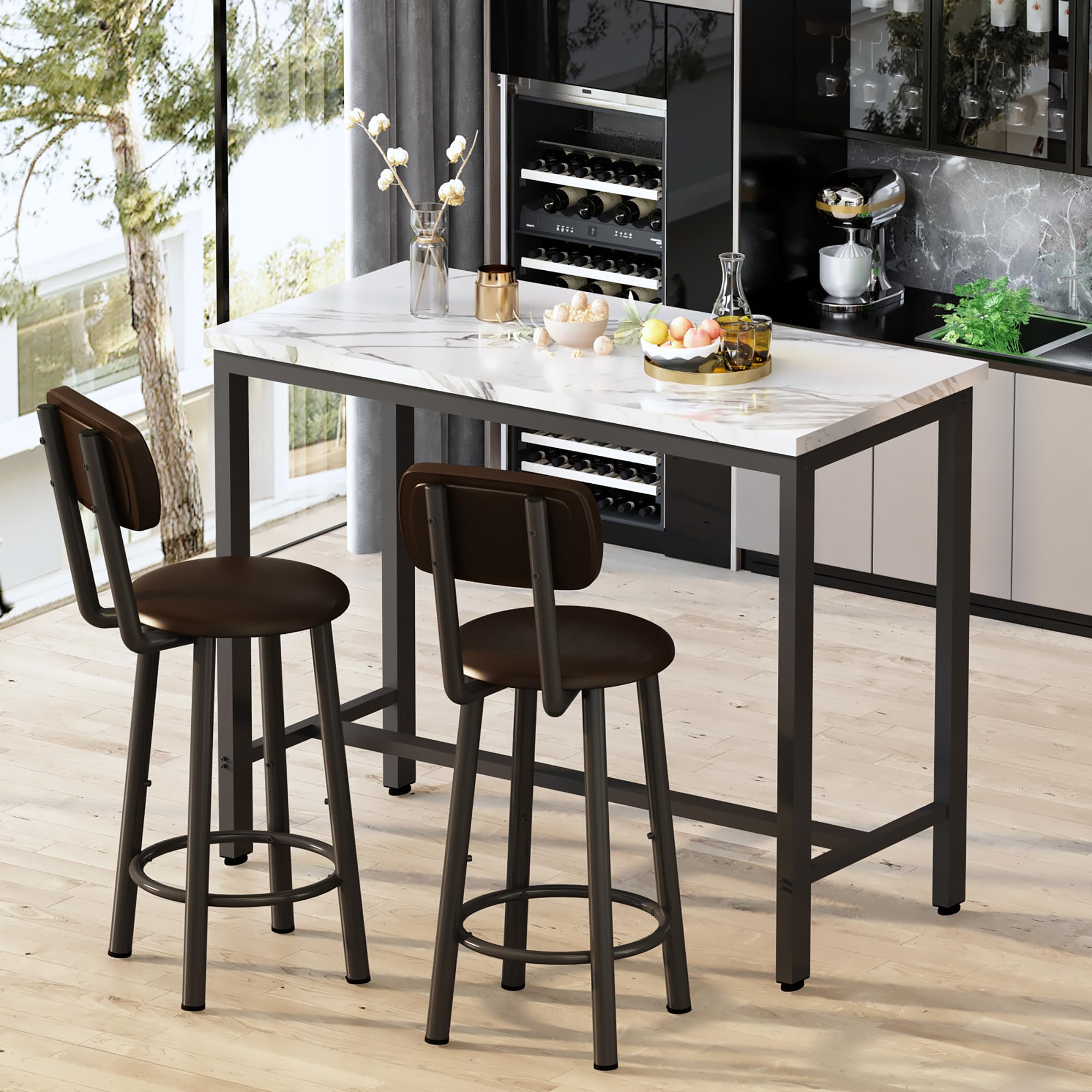 AWQM Bar Table Set of 2,39.3" Faux Marble Table Top & 2 PU Upholstered Stools with Backrest,3 Piece Industrial Pub Height Table Set,for Living Room,Kitchen,Bar,White & Black & Brown