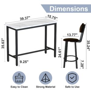 AWQM Bar Table Set of 2,39.3" Faux Marble Table Top & 2 PU Upholstered Stools with Backrest,3 Piece Industrial Pub Height Table Set,for Living Room,Kitchen,Bar,White & Black & Brown