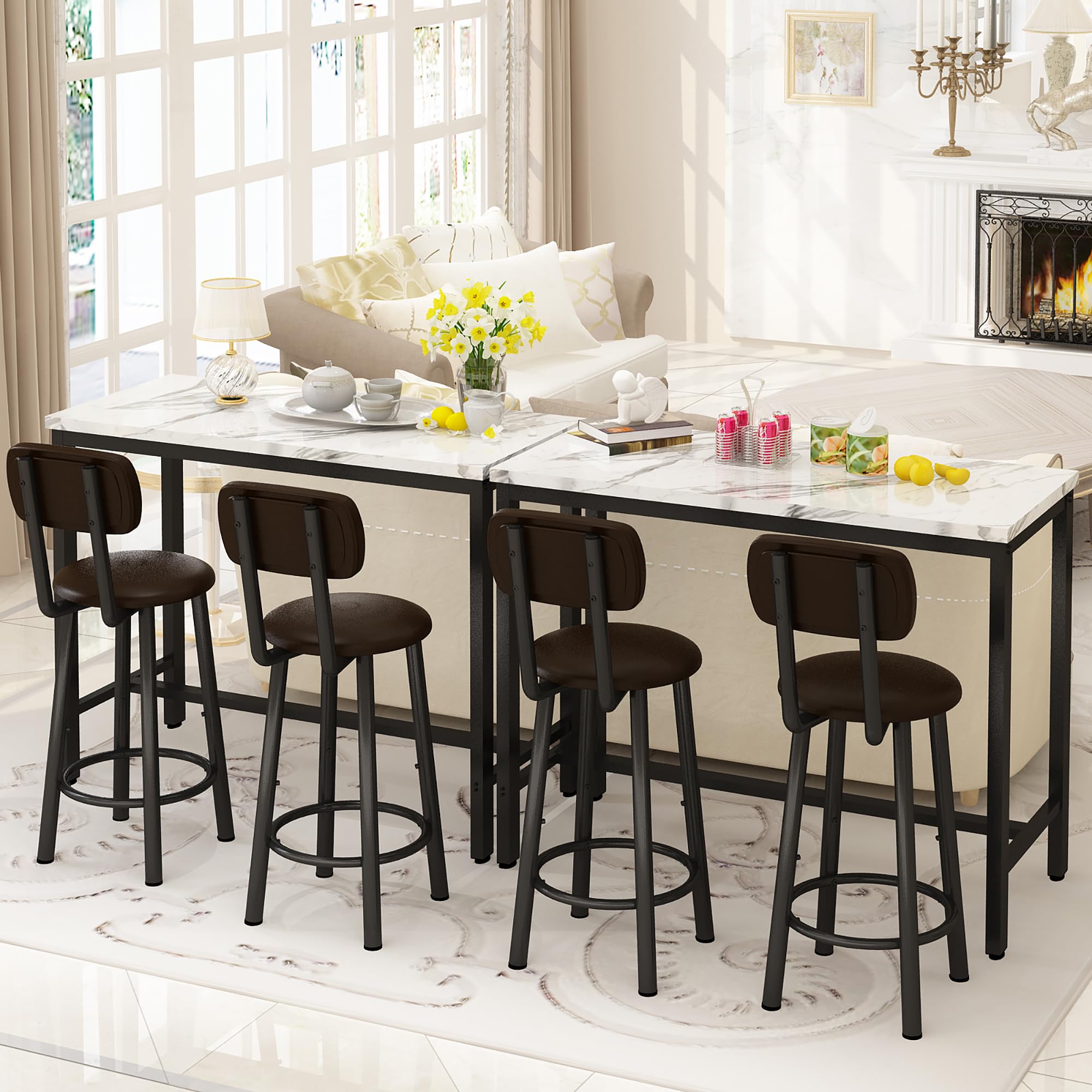 AWQM Bar Table Set of 2,39.3" Faux Marble Table Top & 2 PU Upholstered Stools with Backrest,3 Piece Industrial Pub Height Table Set,for Living Room,Kitchen,Bar,White & Black & Brown