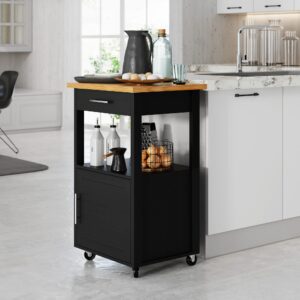 shintenchi kitchen island cart with storage,rolling kitchen island side table on wheels with worktop,single door storage cabinet and drawer for kitchen,dinning room, black