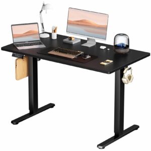 smug standing desk, adjustable height electric sit stand up down computer table, 48x24 inch ergonomic rising desks for work office home, modern gaming desktop workstation, black