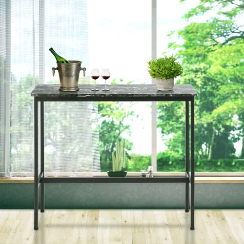 Rongbuk 44.5" Bar Table,Pub Table with Adjustable Feet Floor Protector, Narrow Rectangular Table, Kitchen Counter Table, High Top MDF Table,Sofa Table with Black Metal Legs,Black Marble