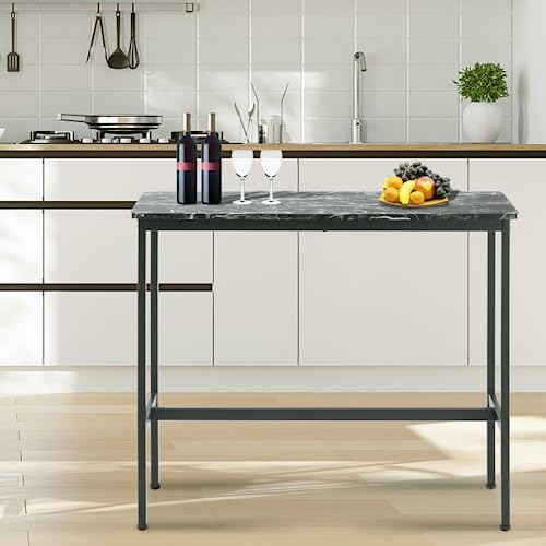 Rongbuk 44.5" Bar Table,Pub Table with Adjustable Feet Floor Protector, Narrow Rectangular Table, Kitchen Counter Table, High Top MDF Table,Sofa Table with Black Metal Legs,Black Marble