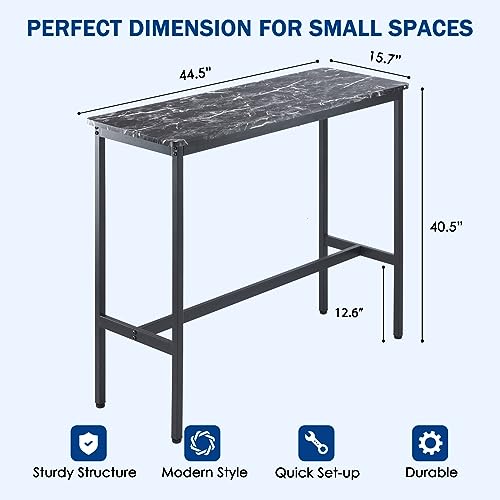 Rongbuk 44.5" Bar Table,Pub Table with Adjustable Feet Floor Protector, Narrow Rectangular Table, Kitchen Counter Table, High Top MDF Table,Sofa Table with Black Metal Legs,Black Marble