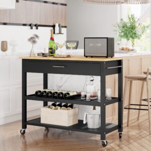 shintenchi kitchen island cart with storage,rolling kitchen island side table on wheels with large worktop,storage cabinet,towel rack,drawers and open shelves for kitchen,dinning room,black