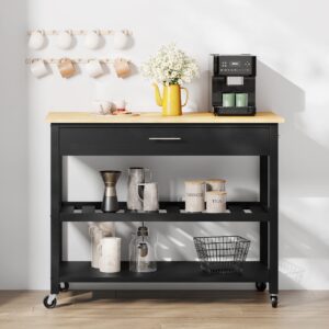 Shintenchi Kitchen Island Cart with Storage,Rolling Kitchen Island Side Table on Wheels with Large Worktop,Storage Cabinet,Towel Rack,Drawers and Open Shelves for Kitchen,Dinning Room,Black