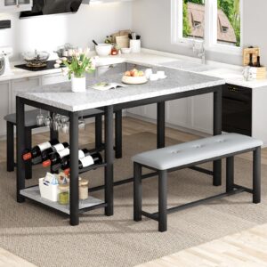 dklgg dining table set for 2-4, small kitchen table with wine rack & storage shelves & wine glass holder, dining room table dinner table with 2 pu leather upholstered benches (special gray)