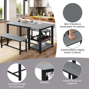 DKLGG Dining Table Set for 2-4, Small Kitchen Table with Wine Rack & Storage Shelves & Wine Glass Holder, Dining Room Table Dinner Table with 2 PU Leather Upholstered Benches (Special Gray)