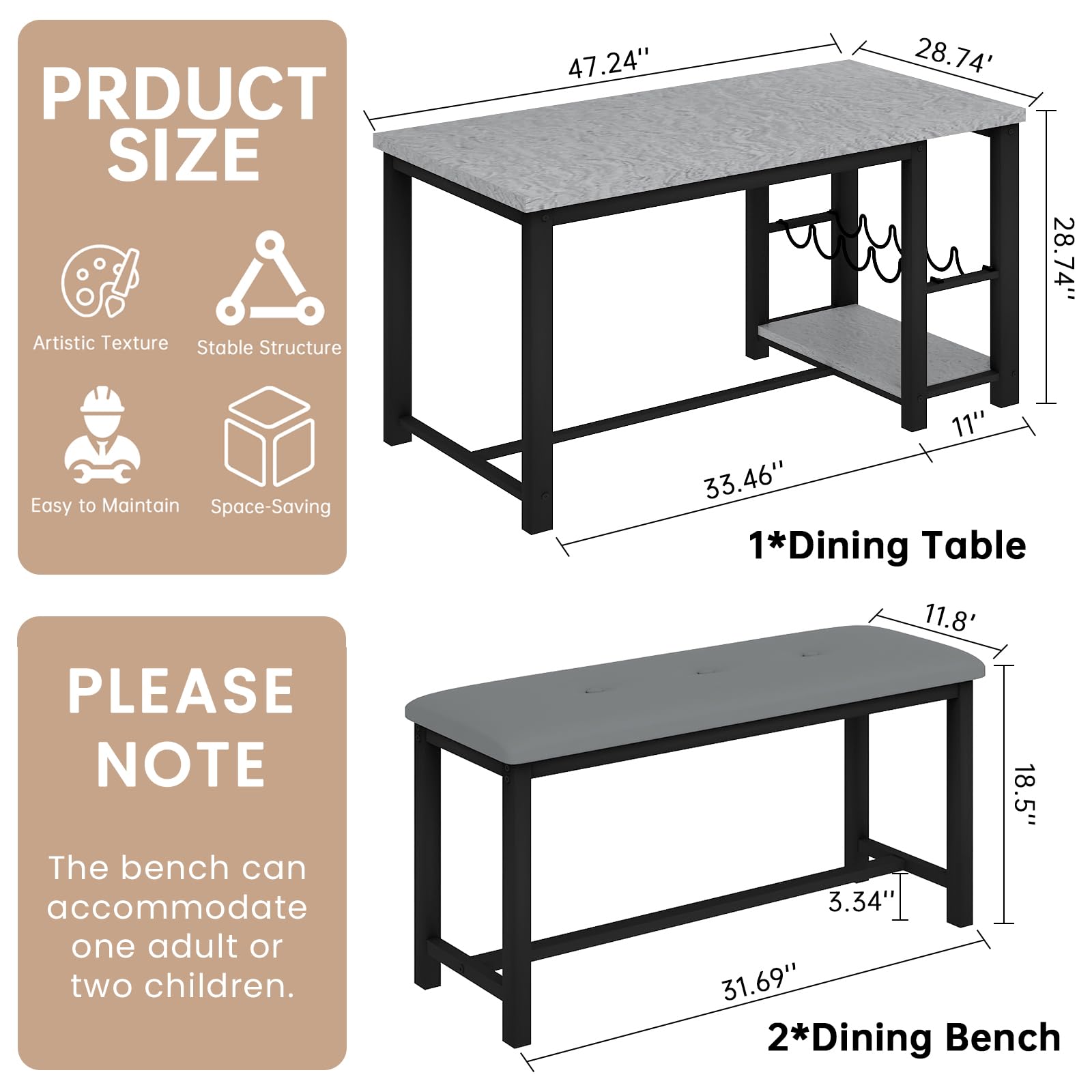 DKLGG Dining Table Set for 2-4, Small Kitchen Table with Wine Rack & Storage Shelves & Wine Glass Holder, Dining Room Table Dinner Table with 2 PU Leather Upholstered Benches (Special Gray)