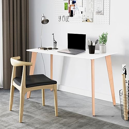 FurnitureR Rectangular 43.3 Inch for 4-6 People Modern Functional White Table with Stable Solid Wood Legs for Home Office Kitchen Dining Room Small Spaces