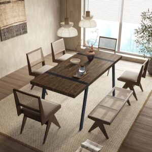 comfy to go 70” rectangluar dining table for 6-8 person, mid century modern metal frame kitchen table with 2.4” thick wood grain tabletop for dining living room farmhouse furniture (rustic brown)