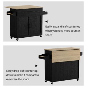 IRONCK Rolling Kitchen Island Table on Wheels with Drop Leaf, Storage Cabinet, Drawer, Spice/Towel Rack, Kitchen Cart, Black