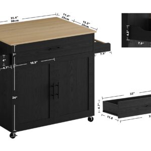 IRONCK Rolling Kitchen Island Table on Wheels with Drop Leaf, Storage Cabinet, Drawer, Spice/Towel Rack, Kitchen Cart, Black