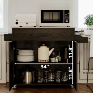 IRONCK Rolling Kitchen Island Table on Wheels with Drop Leaf, Storage Cabinet, Drawer, Spice/Towel Rack, Kitchen Cart, Black