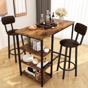 dklgg dining table set for 2, counter height pub table with 2 pu leather widen backrest bar stools & 3 storage shelves, bar table and chairs set for small space kitchen, dining room, bar, brown