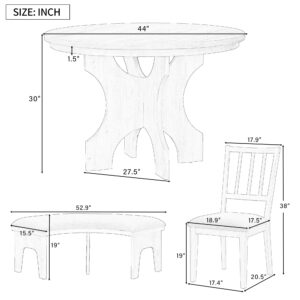 FIQHOME Kitchen Room Retro 5-Piece Set, 44'' Wood Round Dining Table with Curved Bench & 3 Upholstered Chairs and Special-Shaped Legs, 4-5 People,Grey, Gray