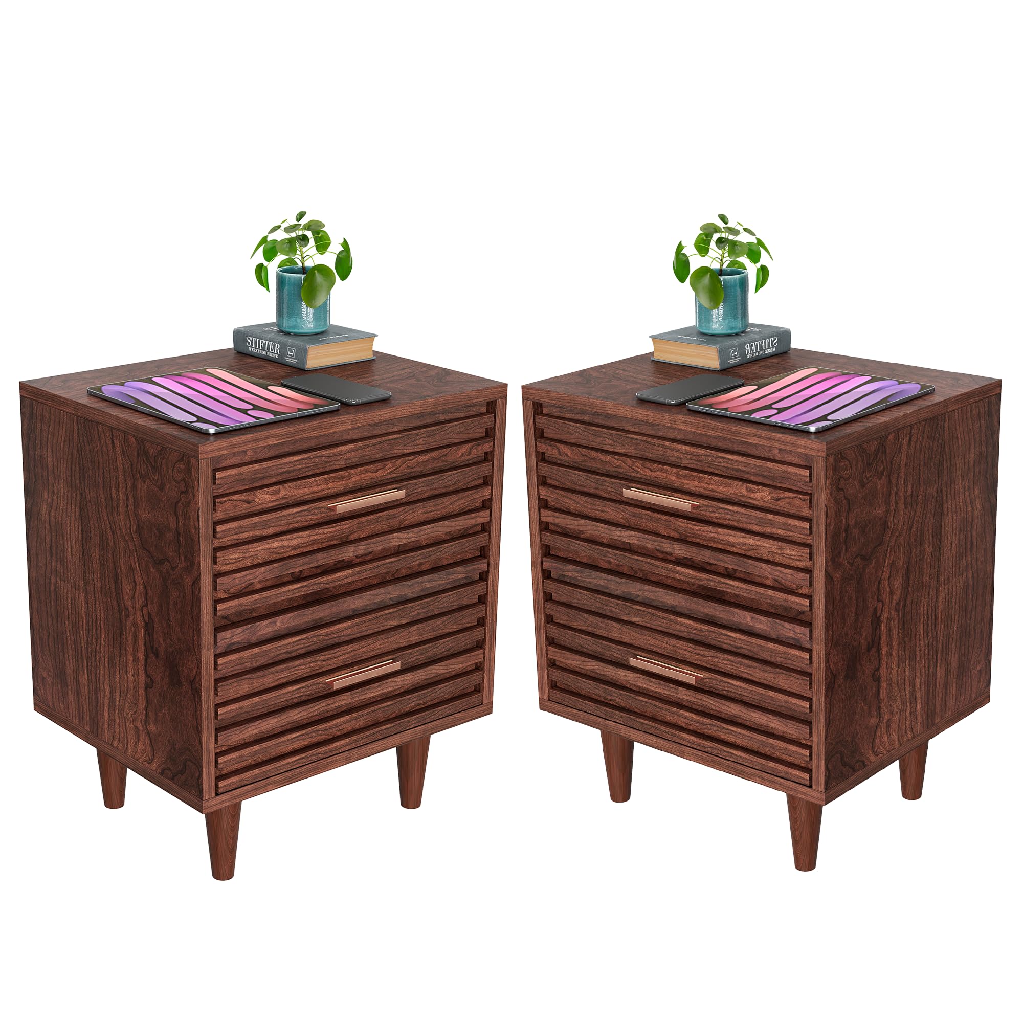 Nightstand Set of 2, Lumelay Mid-Century Modern Bedside Table with 2 Storage Drawers and Solid Wood Leg, Vintage Night Stand Wood Side Table Sofa End Table Accent Table Dresser for Bedroom, Livingroom