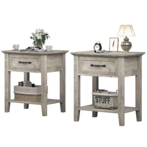 idealhouse set of 2 nightstands, end side tables living room with drawer, industrial design, night stands with shelf, bedside tables for bedroom, dorm (grey（2 pack）)