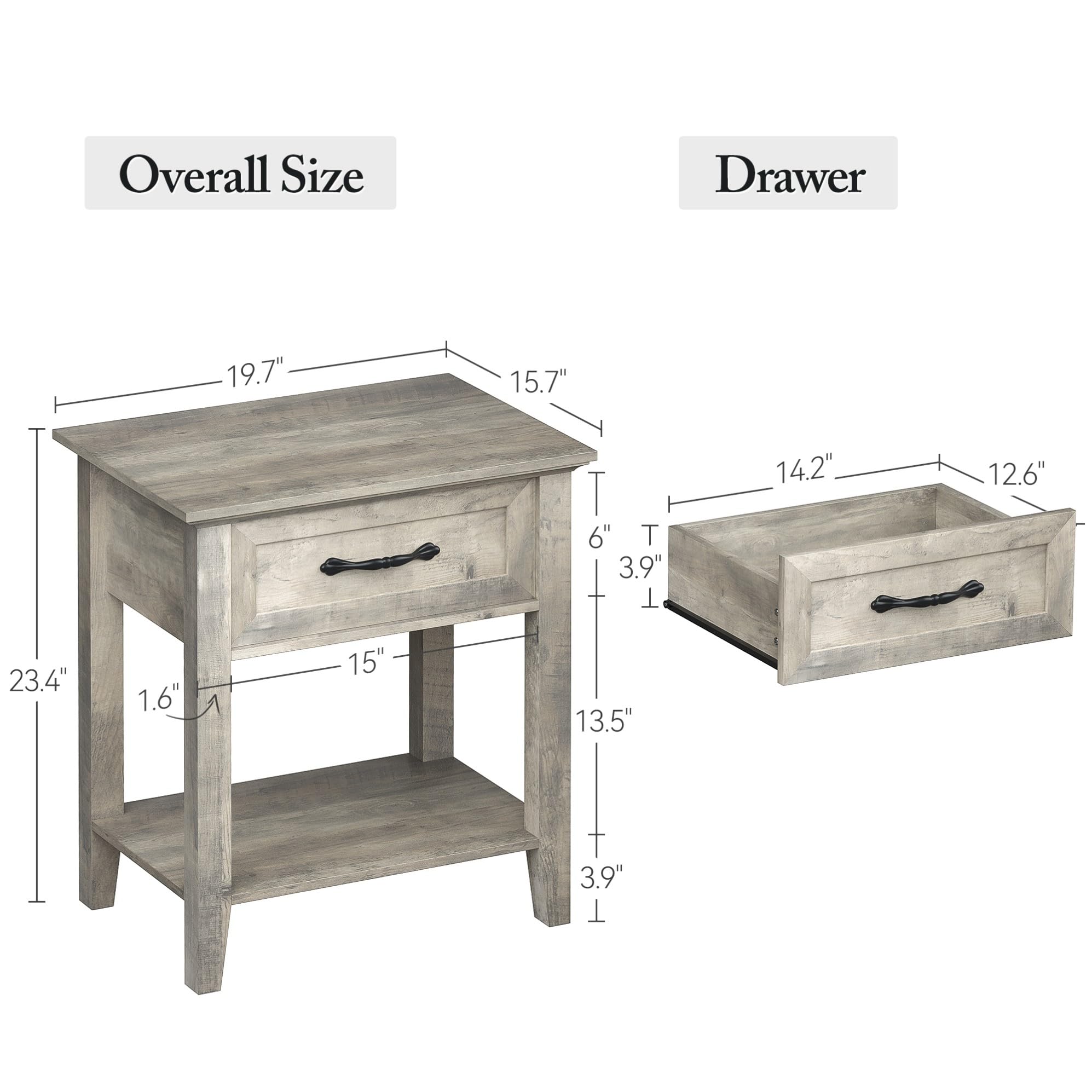 IDEALHOUSE Set of 2 Nightstands, End Side Tables Living Room with Drawer, Industrial Design, Night Stands with Shelf, Bedside Tables for Bedroom, Dorm (Grey（2 Pack）)