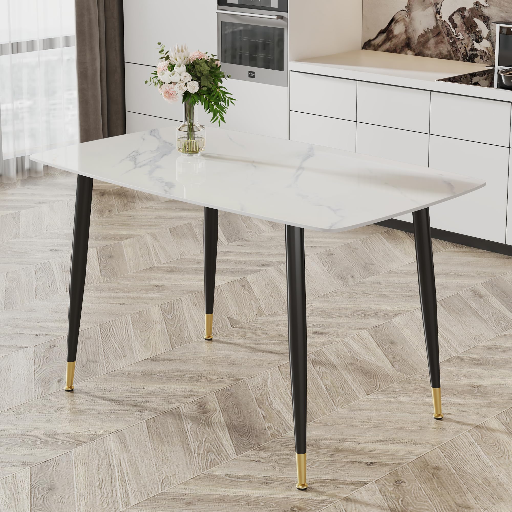 Maotifeys Luxury White Marble Dining Table for 4 Rectangular Sintered Stone Kitchen Table with Black Gold Legs Modern 50" Marble Stone Dinner Table for 4-6 People in Kitchen Dining Room