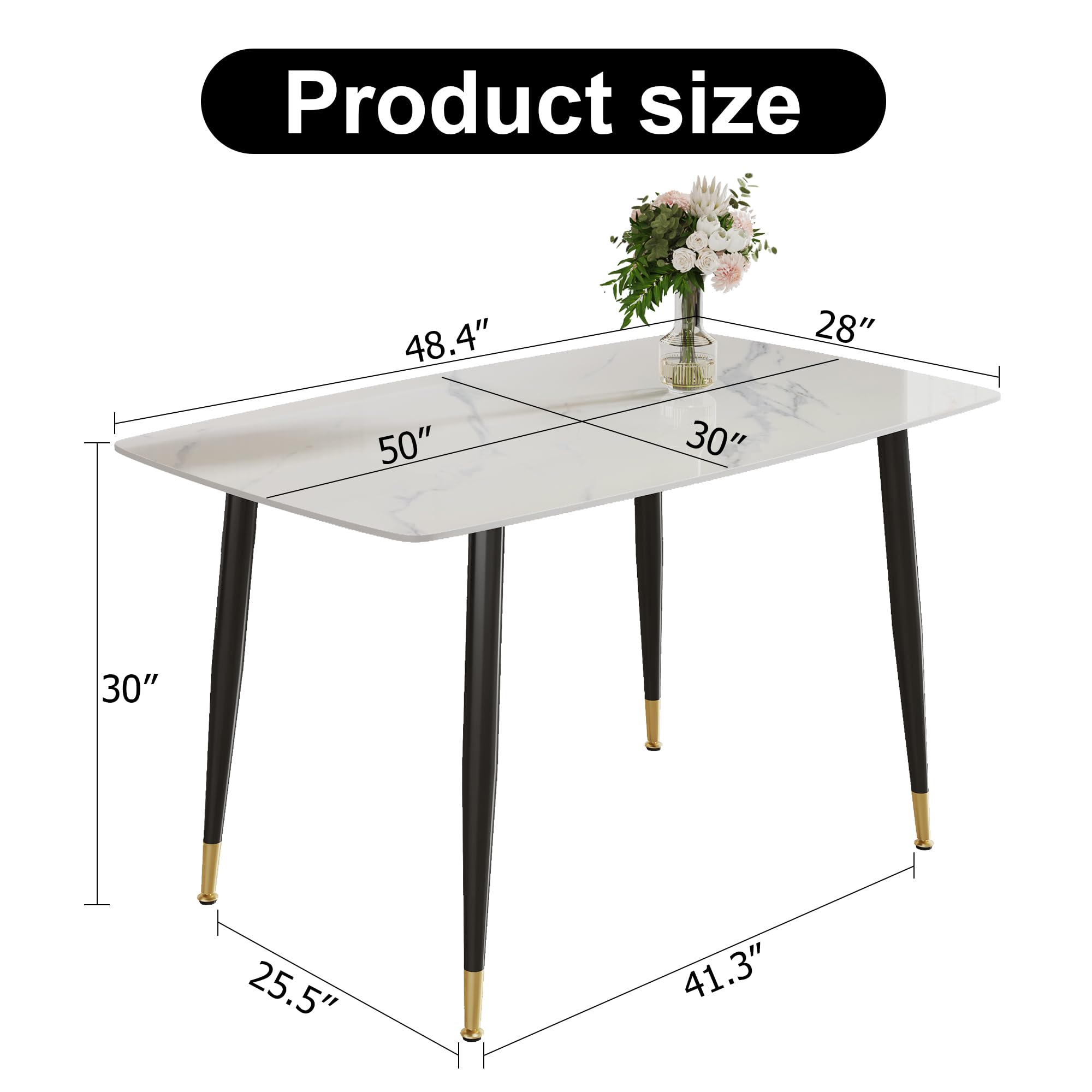 Maotifeys Luxury White Marble Dining Table for 4 Rectangular Sintered Stone Kitchen Table with Black Gold Legs Modern 50" Marble Stone Dinner Table for 4-6 People in Kitchen Dining Room