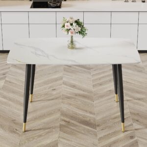 Maotifeys Luxury White Marble Dining Table for 4 Rectangular Sintered Stone Kitchen Table with Black Gold Legs Modern 50" Marble Stone Dinner Table for 4-6 People in Kitchen Dining Room