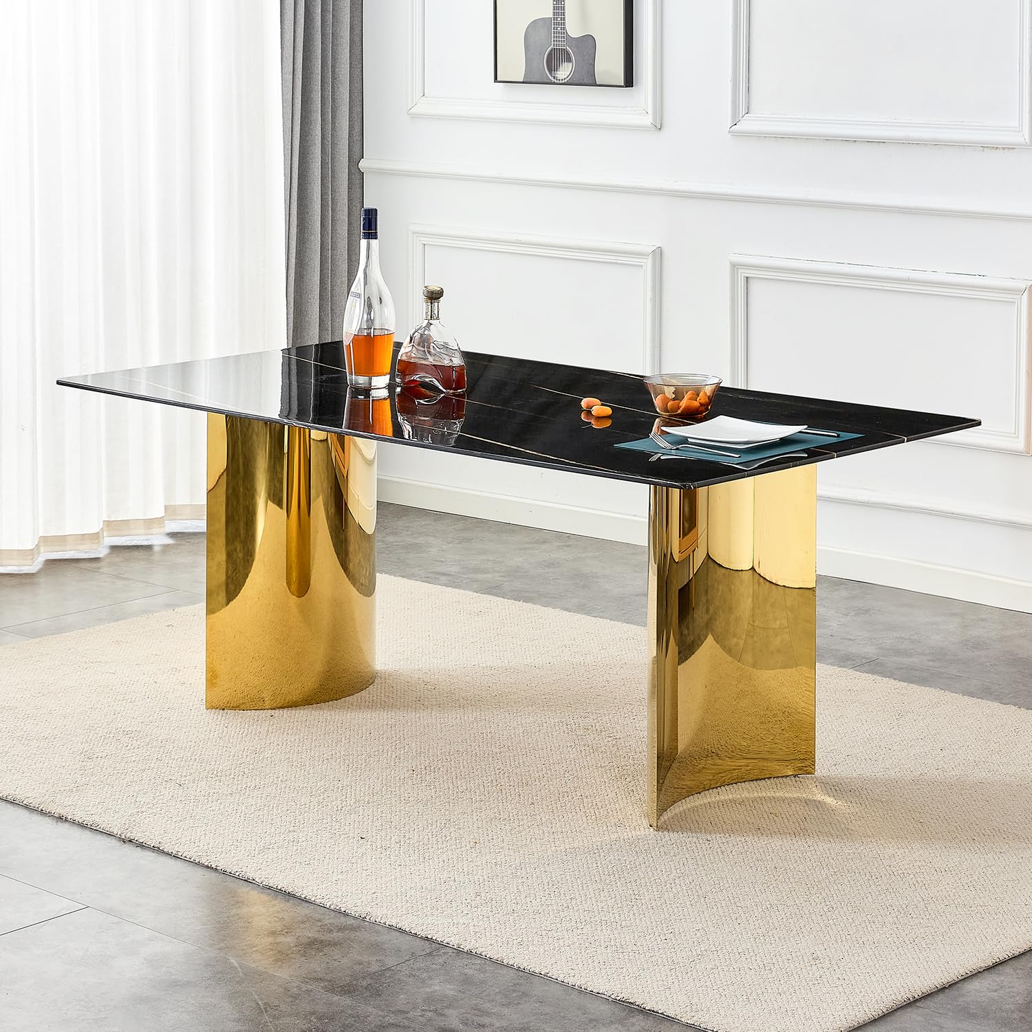 Marble Dining Table for 6-8,71'' Modern Dining Table with 0.39'' Thick Glass Tabletop and Chrome-Plated Stainless Steel Base,Gold Dinner Table Ideal for Kitchen Home Office