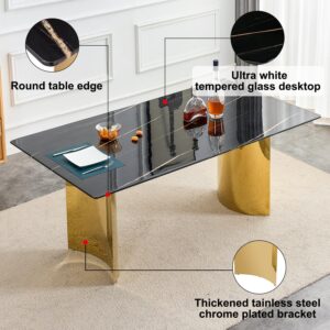 Marble Dining Table for 6-8,71'' Modern Dining Table with 0.39'' Thick Glass Tabletop and Chrome-Plated Stainless Steel Base,Gold Dinner Table Ideal for Kitchen Home Office