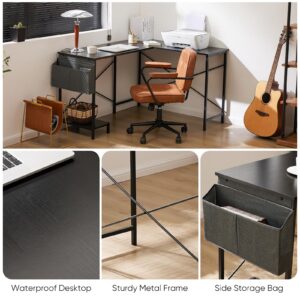 Sweetcrispy L Shaped Computer Desk - Gaming Table Corner Desk 50 Inch PC Writing Black Desk Study Desks with Wooden Desktop CPU Stand Side Bag Reversible for Home Office Dorm Small Space