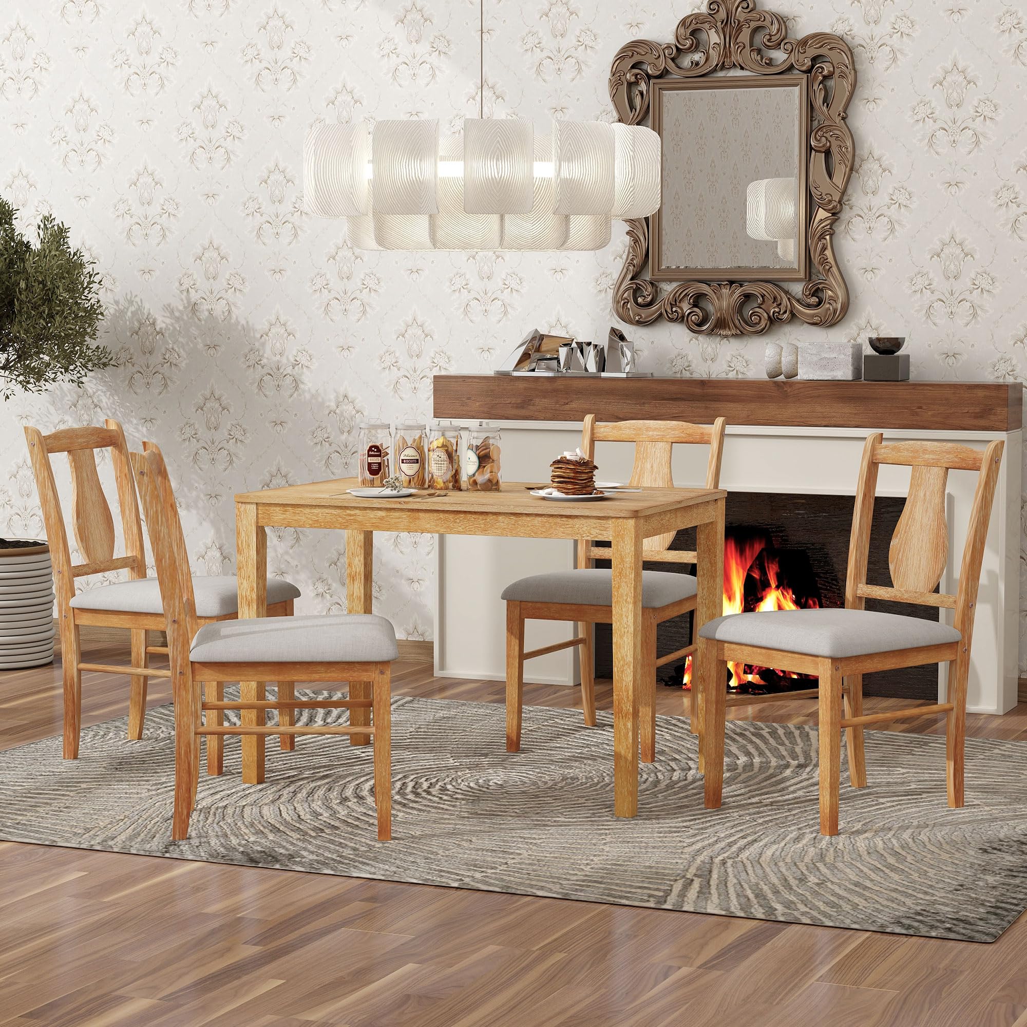 EMKK 5-Piece Set, Wooden Rectangular Kitchen Dinner Breakfast Table and 4 Chairs for 2-4 Person, Dining Room Furniture, Space-Saving Design, Natural