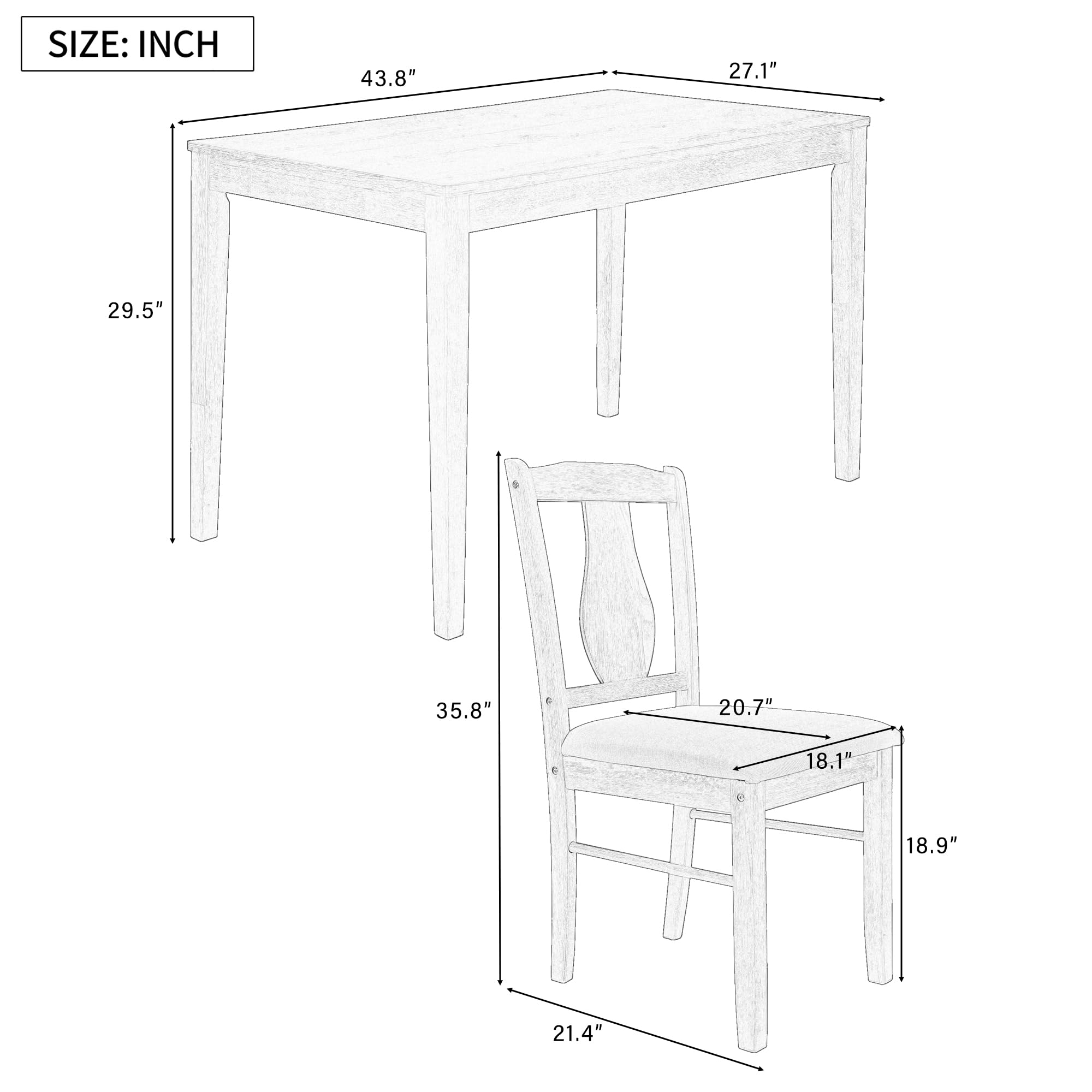 EMKK 5-Piece Set, Wooden Rectangular Kitchen Dinner Breakfast Table and 4 Chairs for 2-4 Person, Dining Room Furniture, Space-Saving Design, Natural