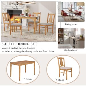 EMKK 5-Piece Set, Wooden Rectangular Kitchen Dinner Breakfast Table and 4 Chairs for 2-4 Person, Dining Room Furniture, Space-Saving Design, Natural